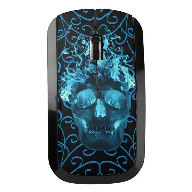 Blue Flaming Fire Skull Wireless Mouse | Zazzle