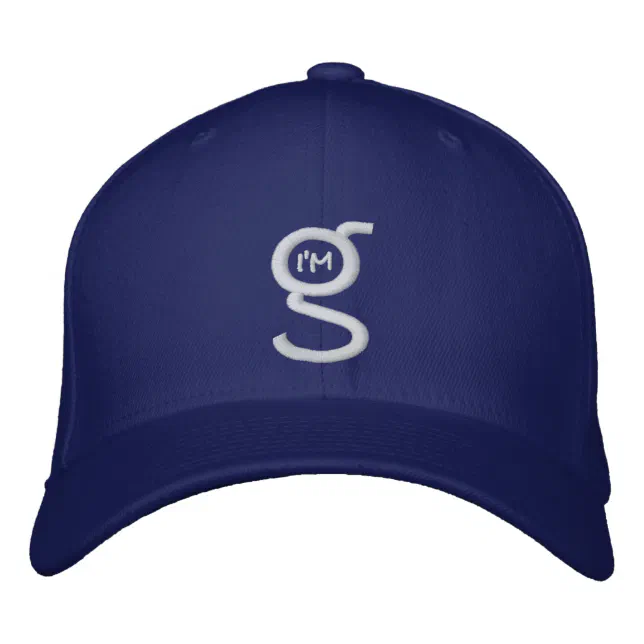 Blue Flex Fit Cap w White Logo Embroidered | Zazzle