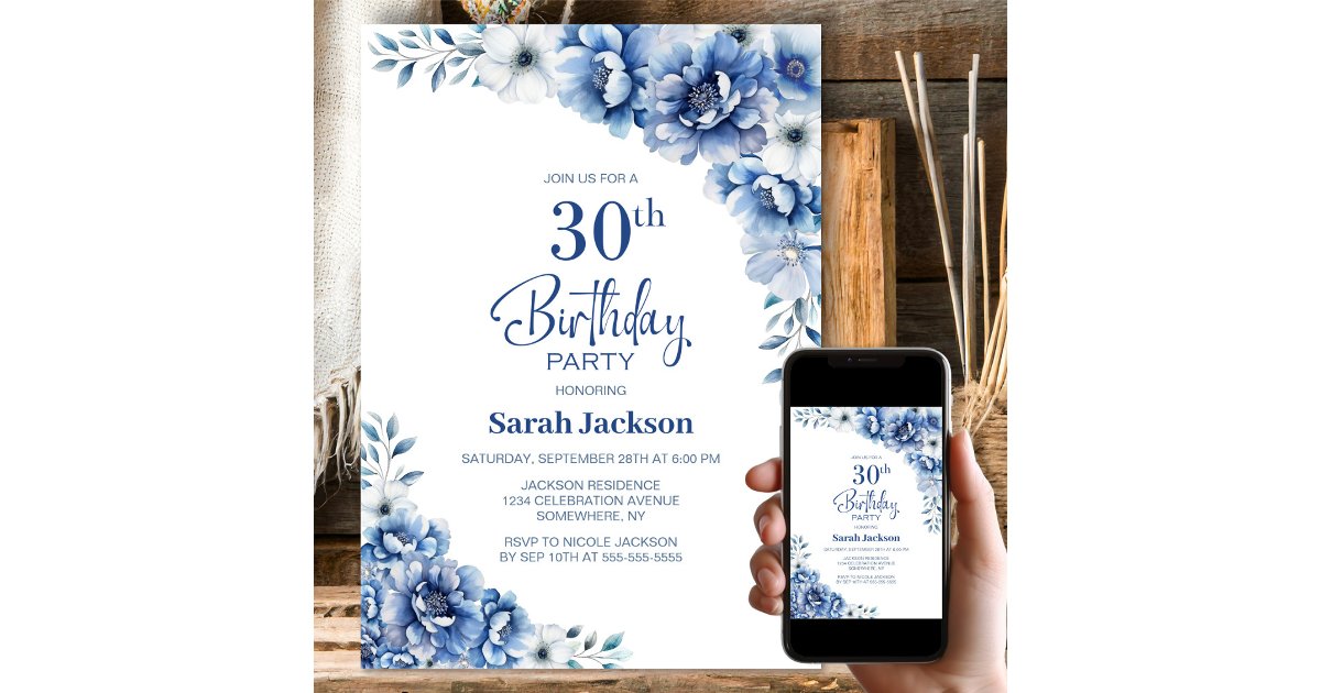 Blue Floral 30th Birthday Party Invitation | Zazzle