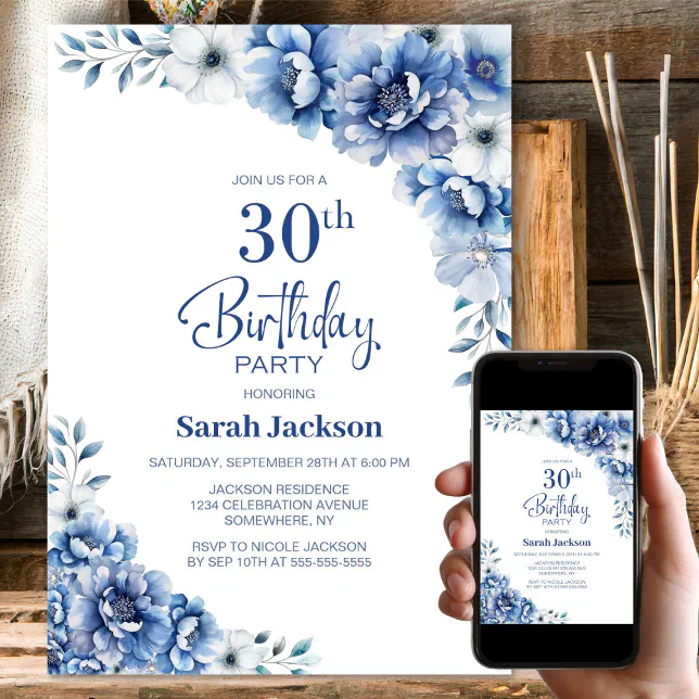 Blue Floral 30th Birthday Party Invitation | Zazzle