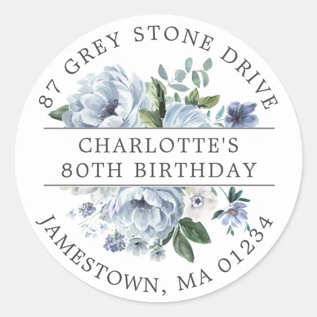 Blue Floral 80th Birthday Return Address Label | Zazzle