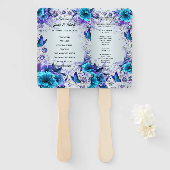 Blue Floral And Butterfly Wedding Program Hand Fan | Zazzle