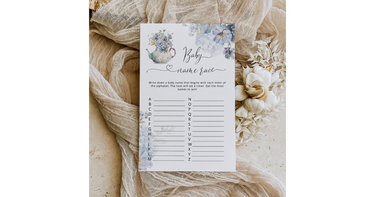 Blue floral baby name race baby shower game | Zazzle