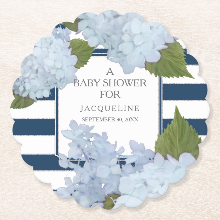 Blue Floral Baby Shower Navy n White Stripes Paper Coaster | Zazzle