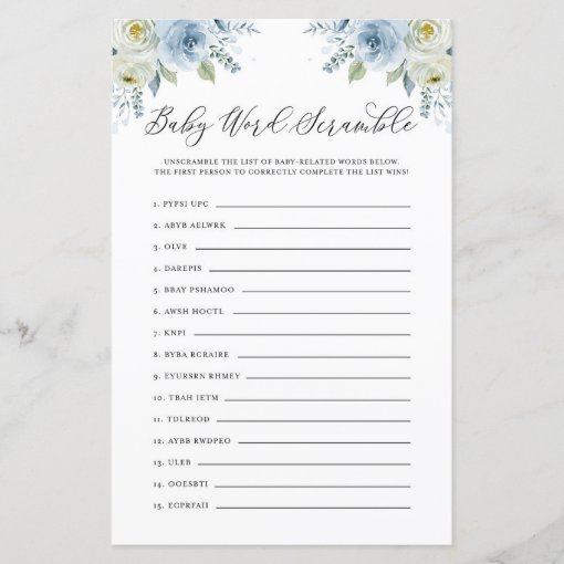 Blue Floral Baby Word Scramble Baby Shower Game | Zazzle