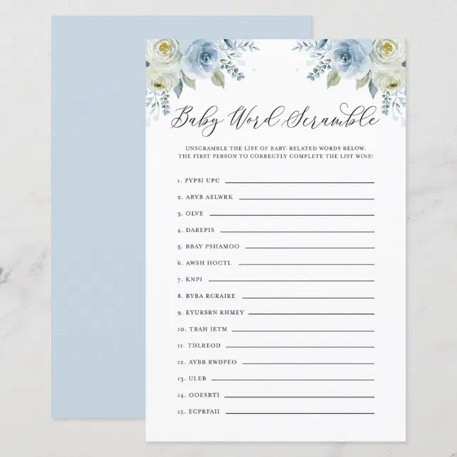 Blue Floral Baby Word Scramble Baby Shower Game | Zazzle