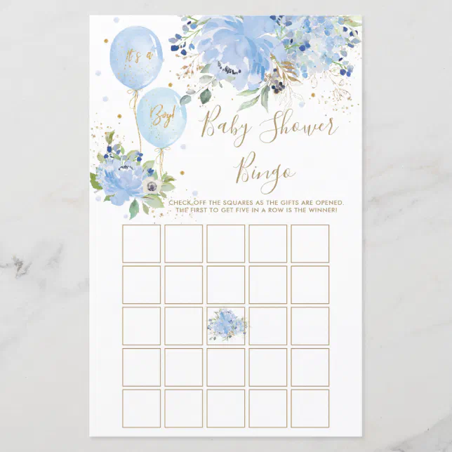 Blue Floral Balloons Baby Shower Bingo Game | Zazzle