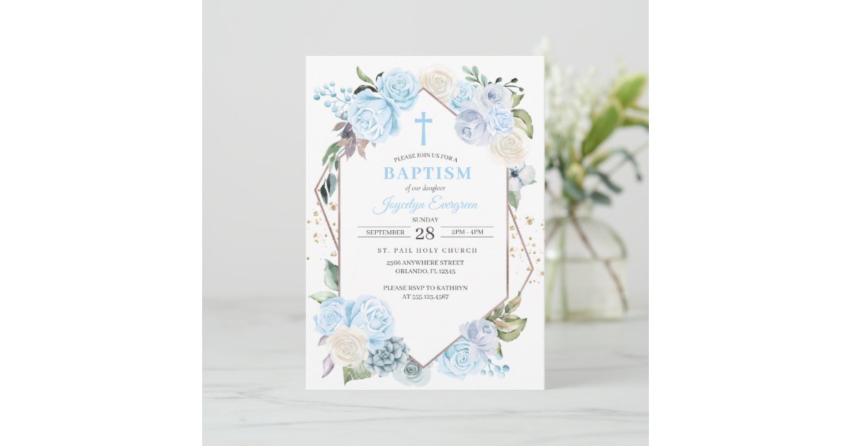Blue Floral Baptism Invitation | Zazzle