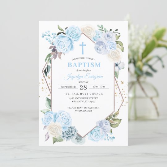 Blue Floral Baptism Invitation | Zazzle.com