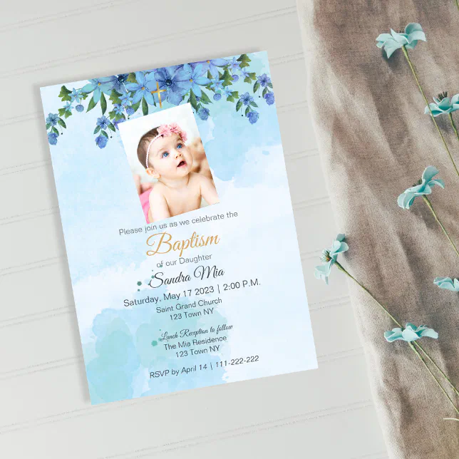 Blue Floral Baptism Invitation | Zazzle