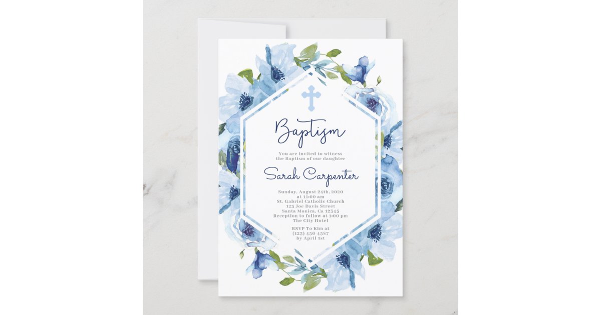Blue floral baptism invitation | Zazzle