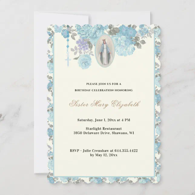 Blue Floral Birthday Religious Rosary Invitation | Zazzle