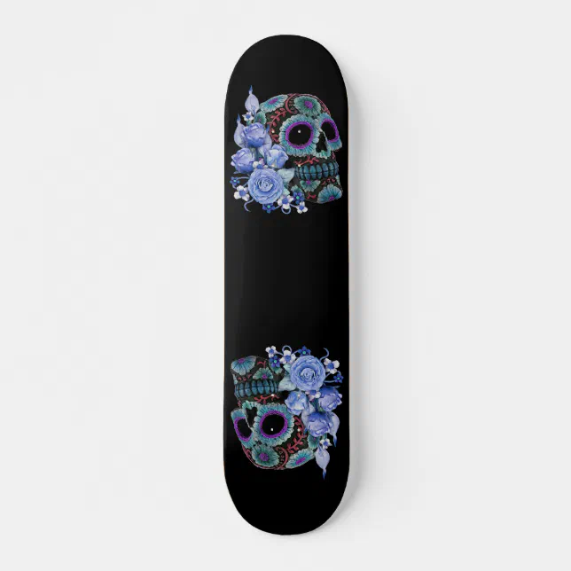 Blue Floral Black Sugar Skull Day Of The Dead Skateboard Zazzle