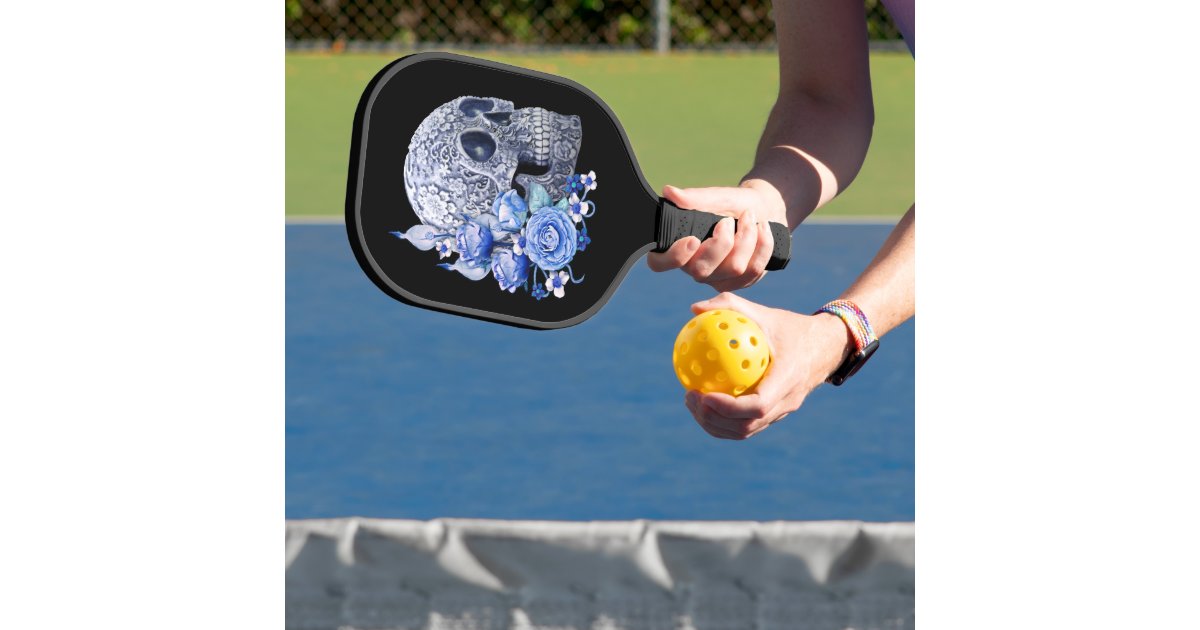Blue Floral Blue Sugar Skull Day Of The Dead Pickleball Paddle | Zazzle