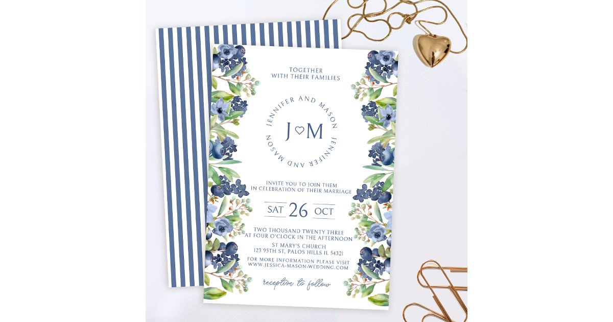 Blue floral blueberry monogram wedding invitation | Zazzle