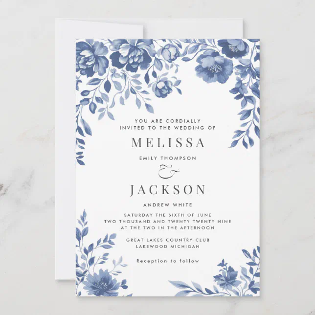 Blue Floral Border Wedding Invitation | Zazzle
