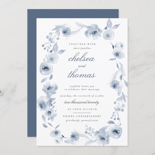 Blue Floral Border Wedding Invitation | Zazzle