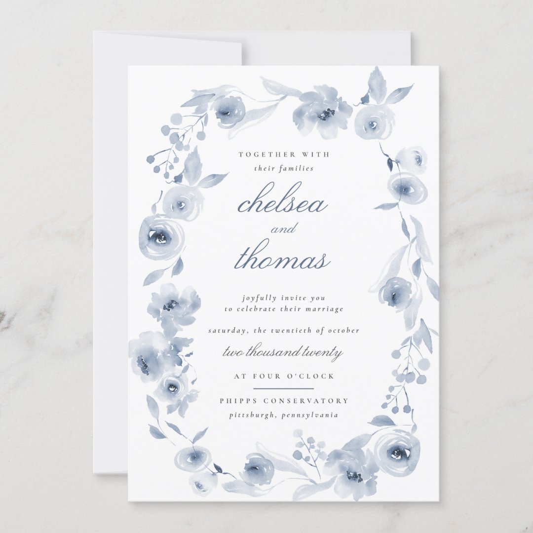 Blue Floral Border Wedding Invitation | Zazzle