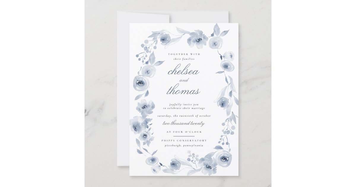 Blue Floral Border Wedding Invitation | Zazzle