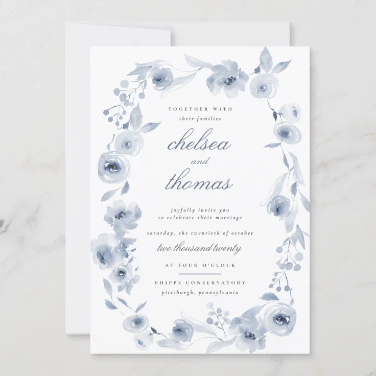 Blue Floral Border Wedding Invitation | Zazzle