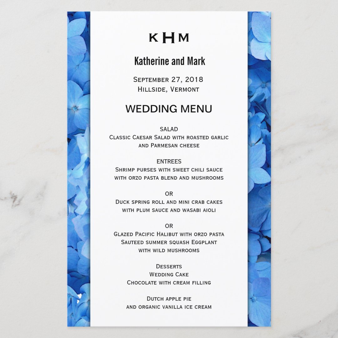 Blue Floral Border Wedding Menu Template | Zazzle