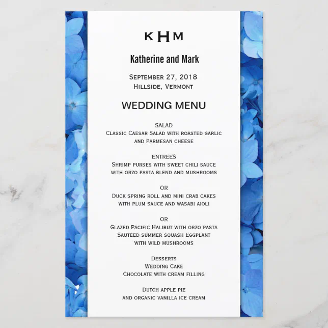Blue Floral Border Wedding Menu Template | Zazzle