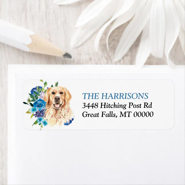 Blue Floral Bouquet Golden Retriever Dog Label | Zazzle
