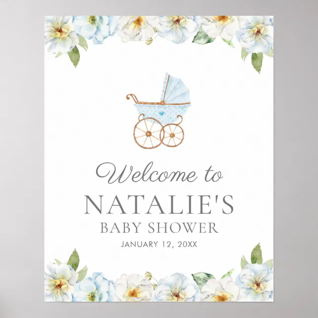 Blue Floral Boy Baby Shower Welcome Poster | Zazzle