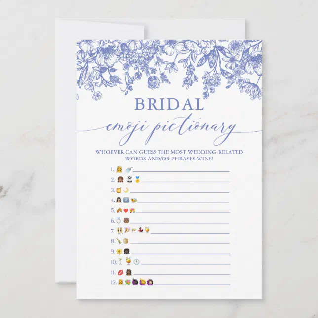 Blue Floral Bridal Shower Emoji Pictionary Game Invitation | Zazzle