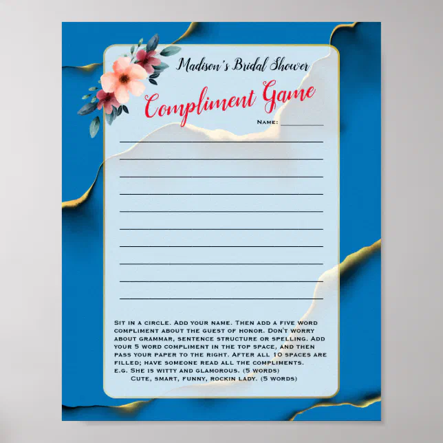 Blue Floral Bridal Shower Icebreaker 5 Word Fun Poster | Zazzle