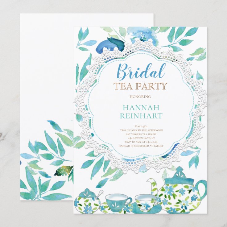 Blue floral Bridal Shower Tea Party Invitation | Zazzle