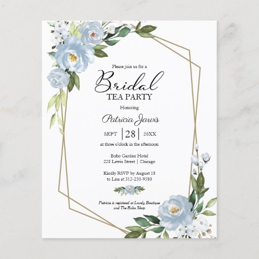 Blue Floral Bridal Tea Party Budget Invitation | Zazzle