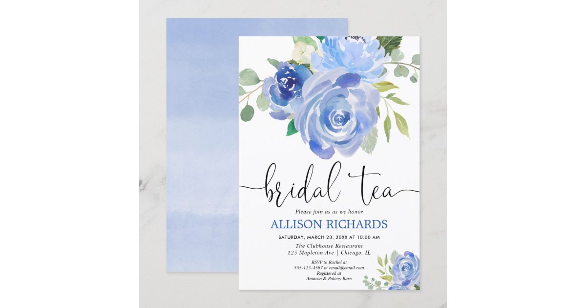 Blue floral bridal tea party invitations | Zazzle