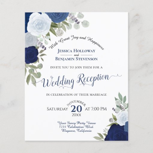 Blue Floral Budget Wedding Reception Invitation | Zazzle