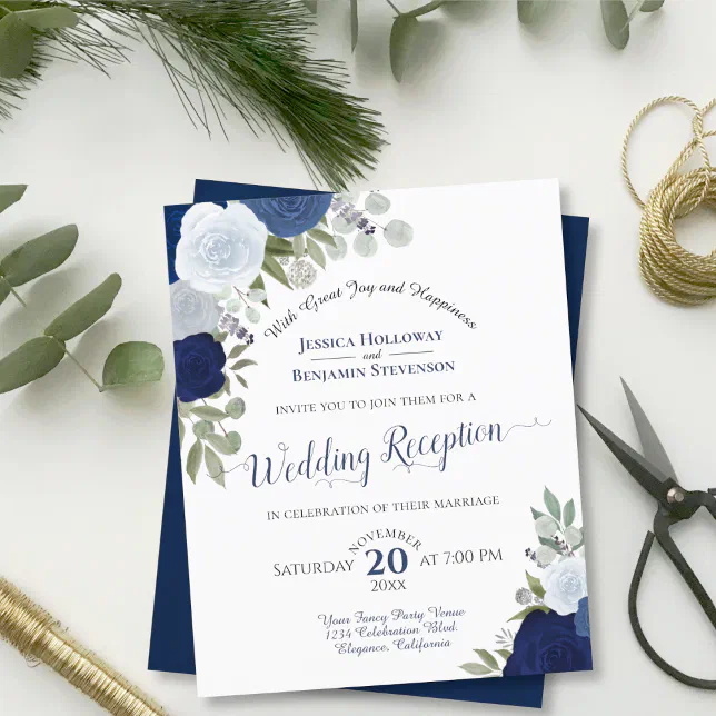 Blue Floral Budget Wedding Reception Invitation | Zazzle