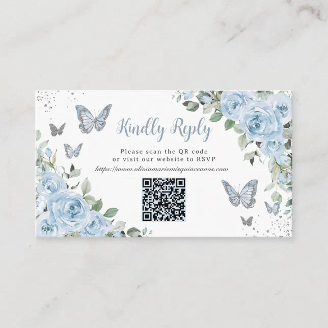 Blue Floral Butterflies Quinceañera QR Code RSVP Enclosure Card | Zazzle