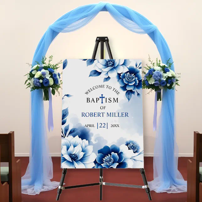 Blue floral Chinoiserie boy baptism welcome sign | Zazzle
