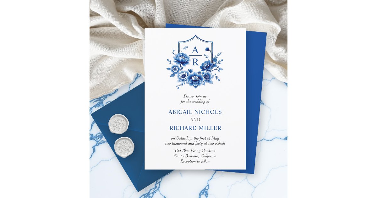 Blue floral Chinoiserie peony flower crest wedding Invitation | Zazzle