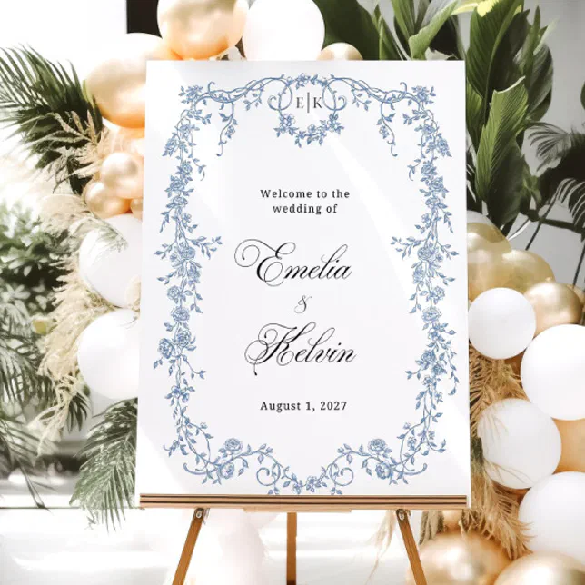 Blue Floral Chinoiserie Wedding Welcome Sign Garde | Zazzle