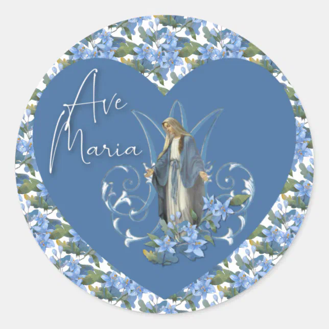 Blue Floral Christian Virgin Mary Ave Maria Classic Round Sticker | Zazzle
