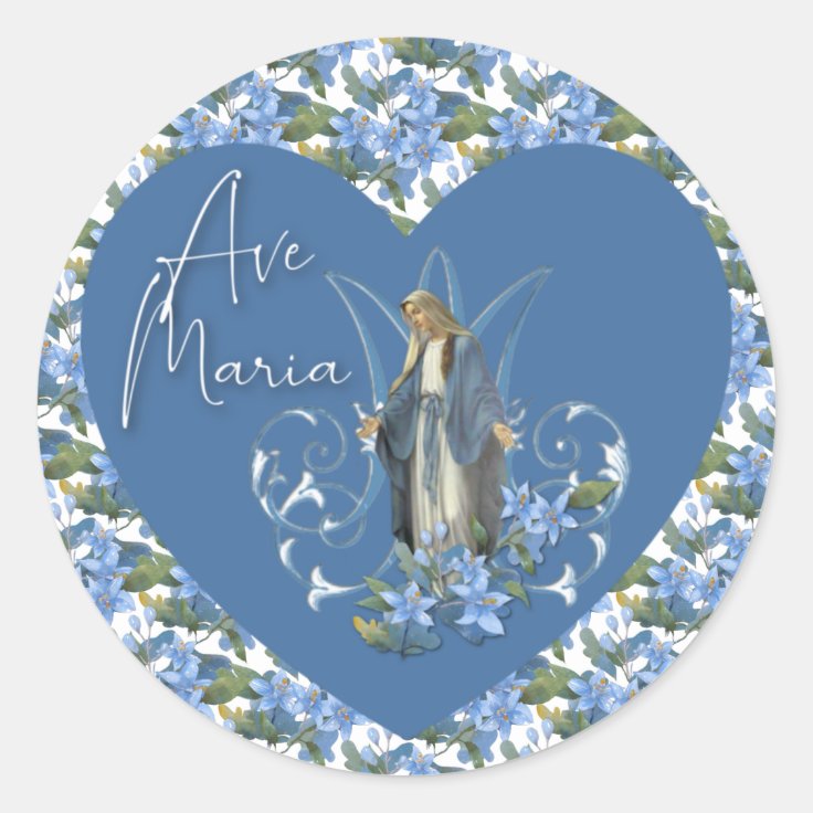 Blue Floral Christian Virgin Mary Ave Maria Classic Round Sticker | Zazzle