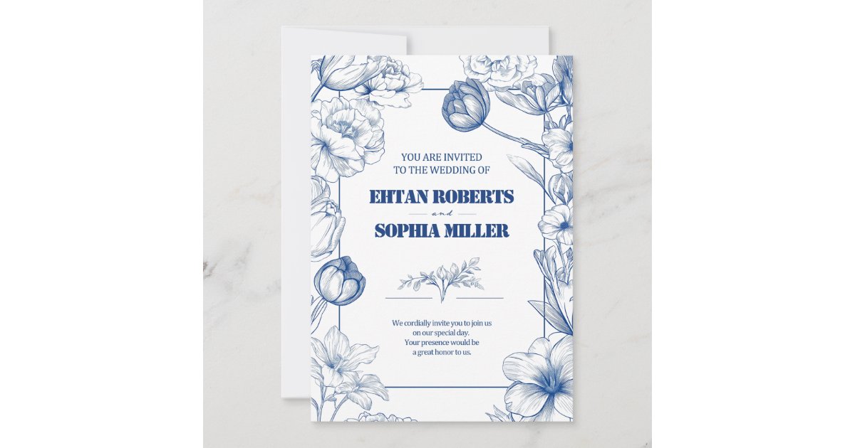 Blue Floral Classic Wedding Invitation | Zazzle