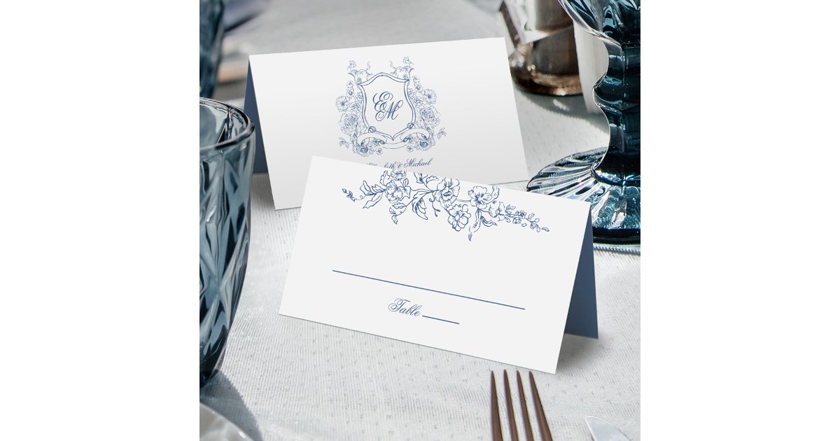 Blue Floral Crest Monogram Elegant Wedding Place Card | Zazzle