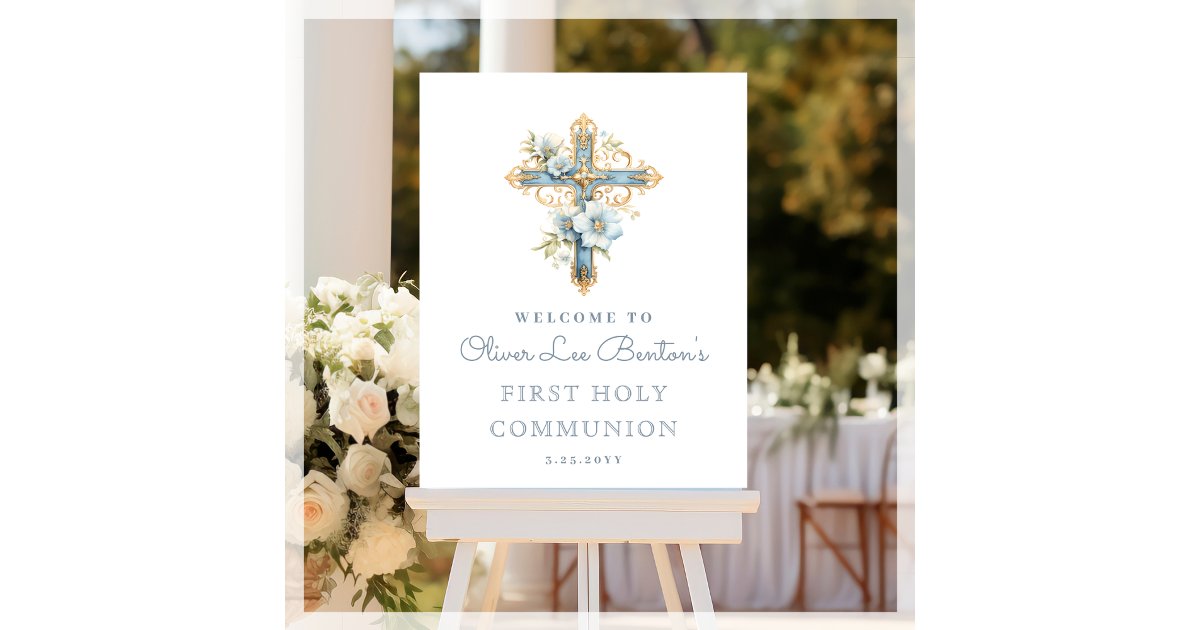 Blue Floral Cross First Holy Communion Welcome Foam Board | Zazzle