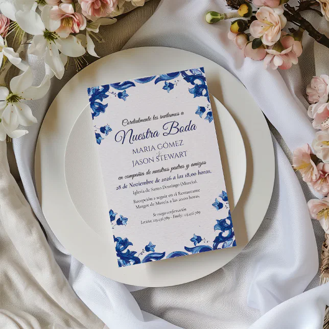 Blue Floral Elegant Fiesta Spanish Wedding Invitation | Zazzle