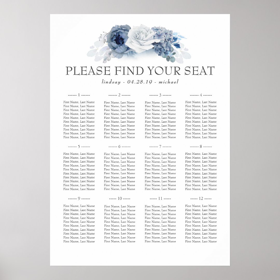 Blue Floral Elegant Wedding Seating Chart | Zazzle