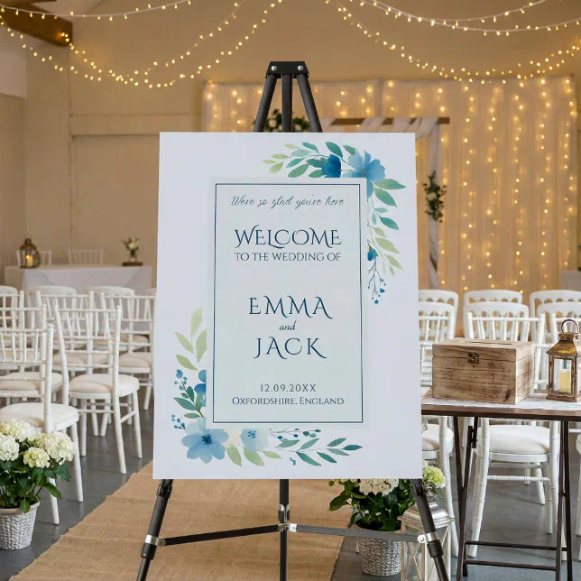 Blue Floral Elegant Welcome to the Wedding sign | Zazzle