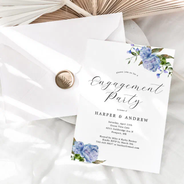 Blue Floral Engagement Party Invitation | Zazzle