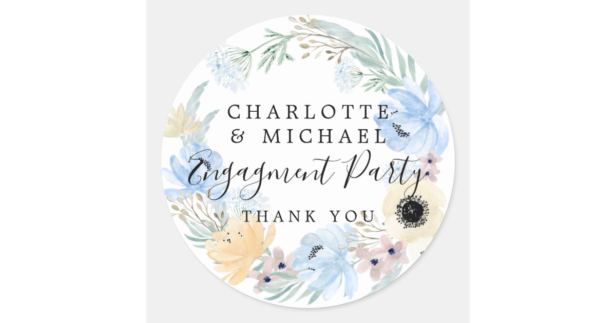 Blue Floral Engagement Thank You. Classic Round Sticker | Zazzle