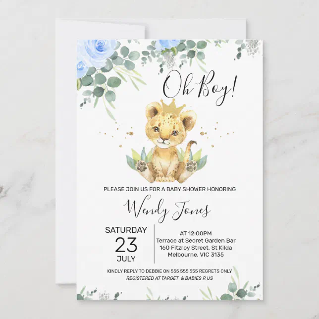 Blue Floral Eucalyptus Lion King Baby Shower Invitation | Zazzle